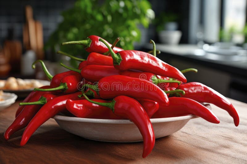 Bowl of Hot Red Chili Peppers Stands on a Table Stock Image - Image of ...