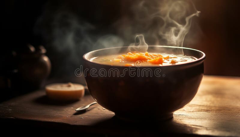 Bowl of Hot Soup Steaming on Table Generated by AI Stock Illustration ...