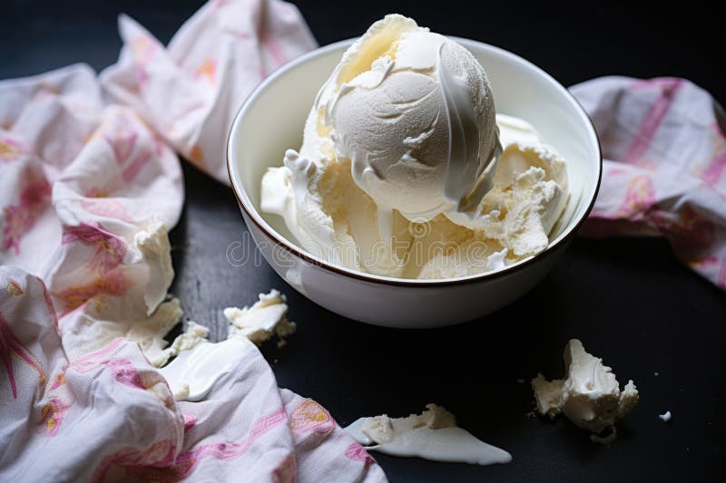 A Bowl of Ice Cream Next To a Pile of Crumpled Tissues Stock Image ...