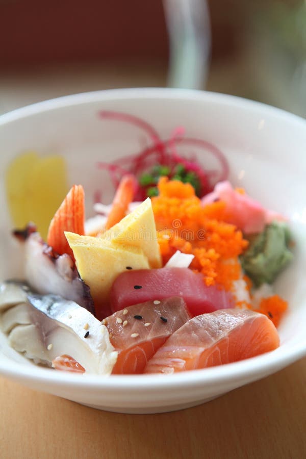 Bowl of Japanese Mix Sashimi Don on Rice Stock Image - Image of ...