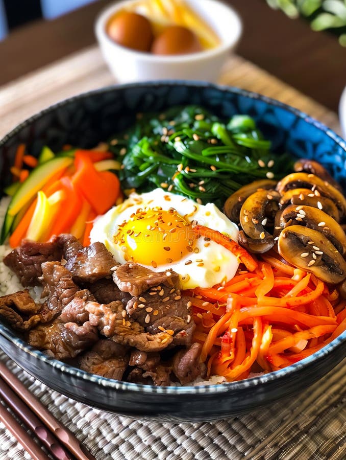 Korean Mushrooms Bowl with Cucumber Salad, Kimchi and Rice Stock Image ...