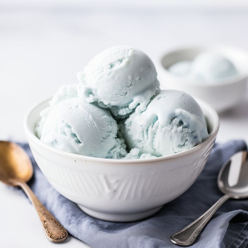 Bowl of Light Blue Ice Cream Scoops with Spoon on White Background ...