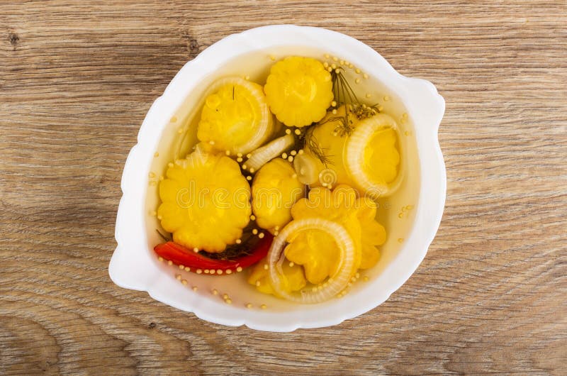 Bowl with Marinated Squash in Bowl on Table. Top View Stock Image ...