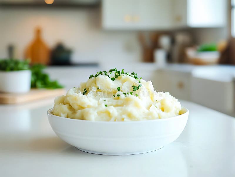A Bowl of Mashed Potatoes Sitting on Top of a Kitchen Counter Stock ...