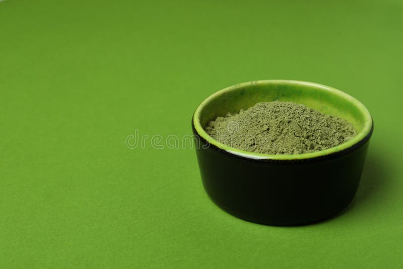 Bowl of Matcha Powder on Green Background Stock Image - Image of ...