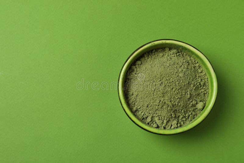 Bowl of Matcha Powder on Green Background Stock Image - Image of ...