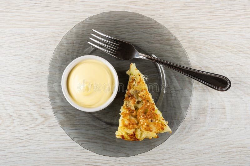 Bowl with Mayonnaise, Piece of Cabbage Flatbread, Fork in Gray Plate on ...