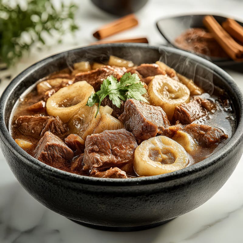 Bowl of Meat and Potatoes with a Lot of Steam Coming from it. Stock ...