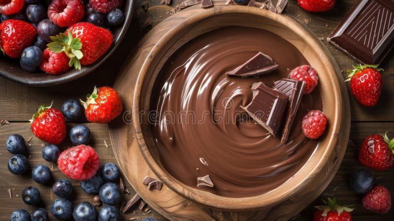 A Bowl of Melted Chocolate Surrounded by Fresh Berries and Chocolate ...