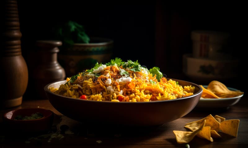 A Bowl of Mexican Rice and Tortilla Chips. Delicious Bowl of Mexican ...