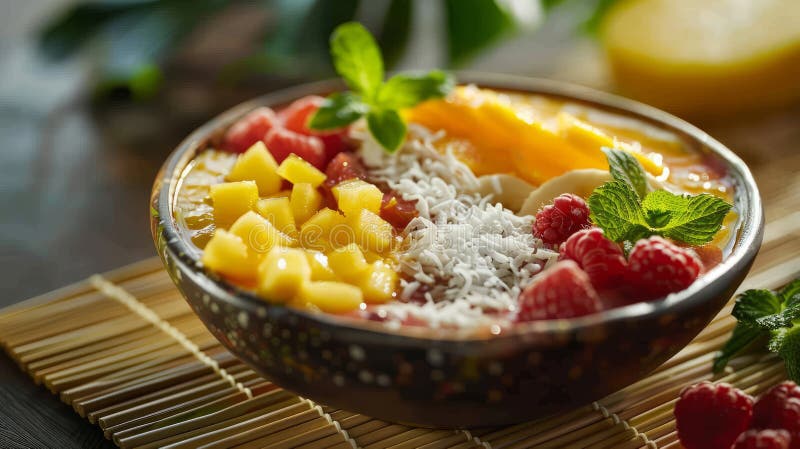 A Bowl of Mixed Fruits with Toppings Stock Photo - Image of coconut ...