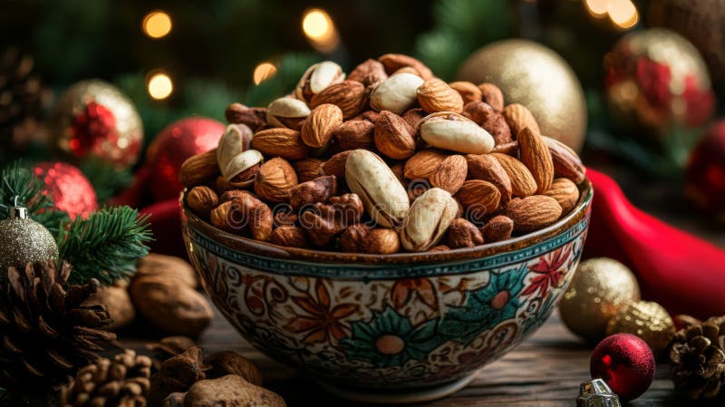 Bowl of Mixed Nuts with Christmas Decorations Stock Illustration ...
