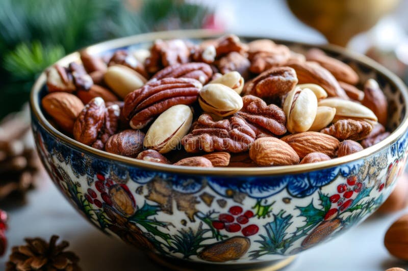 A Bowl of Mixed Nuts with a Festive Design Stock Illustration ...