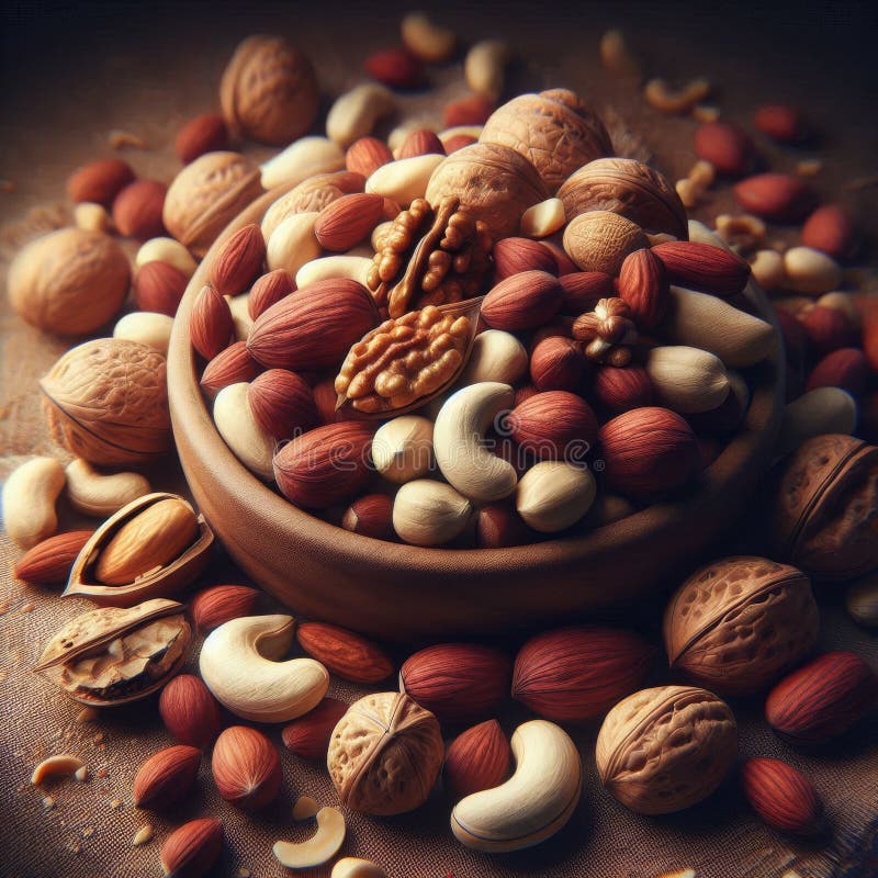 Bowl of Mixed Nuts on Rustic Surface with a Variety of Nut Types Stock ...
