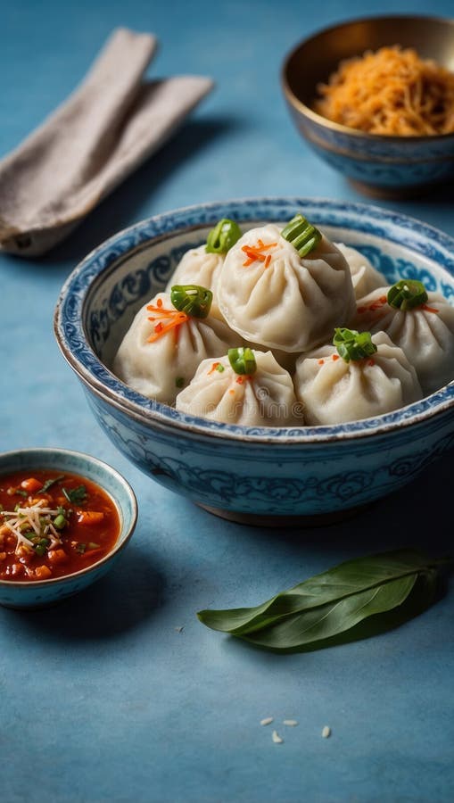 Bowl of Momos Garnished with Green Onions and Red Chilies Stock ...