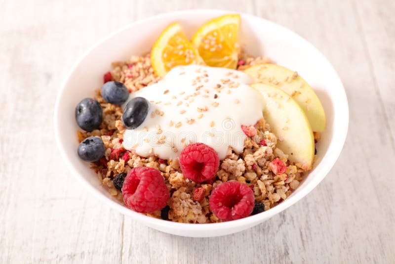 Muesli,fruit and yogurt stock photo. Image of muesli - 99233104