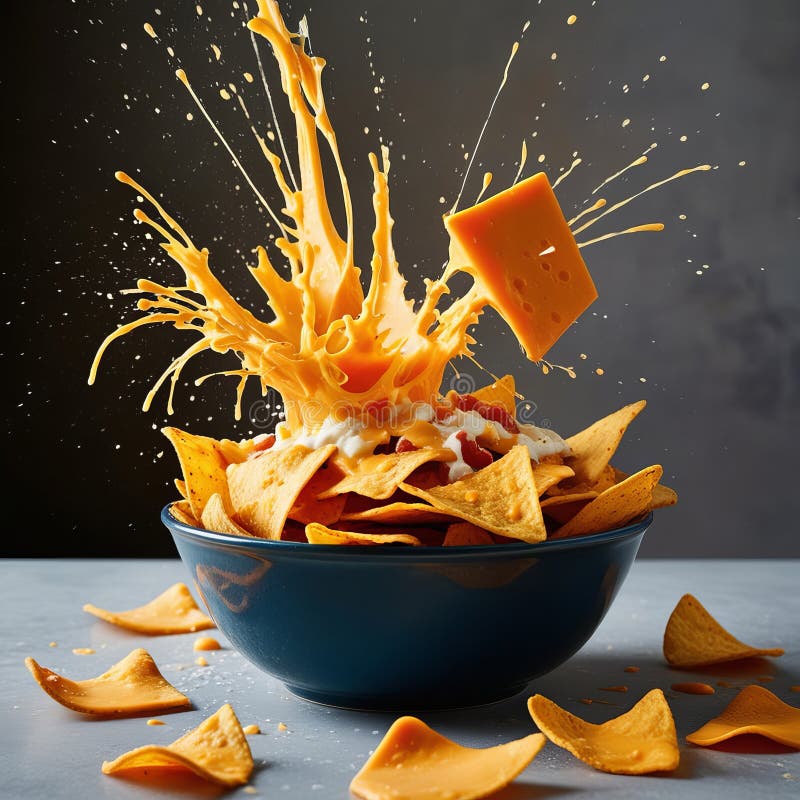 Nachos with Exploding Cheese Splash and Toppings in Dramatic Food Scene ...