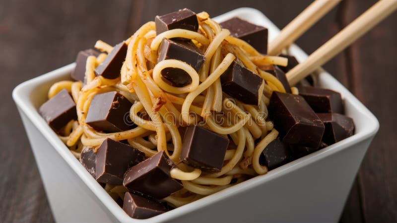 A Bowl of Noodles and Chocolate Covered Pieces in a Square Container ...