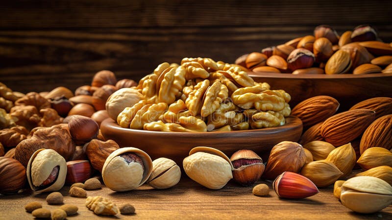 Bowl Nuts with Almonds, Walnuts, Pecans, Peanuts in Wooden Table ...