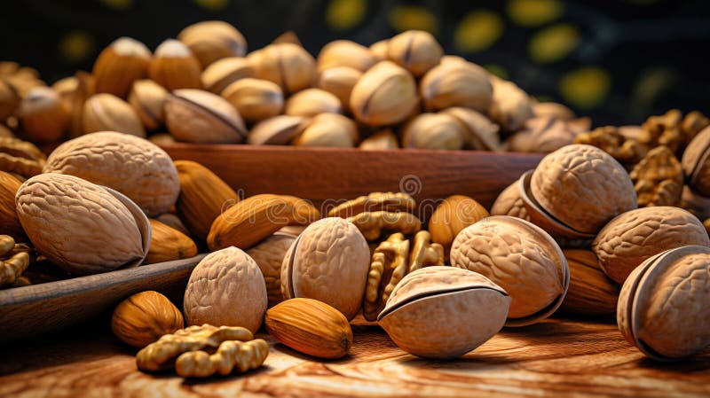 Bowl Nuts with Almonds, Walnuts, Pecans, Peanuts in Wooden Table ...