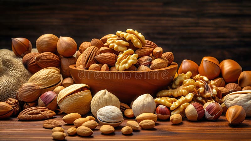 Bowl Nuts with Almonds, Walnuts, Pecans, Peanuts in Wooden Table ...