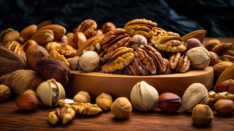 Bowl Nuts with Almonds, Walnuts, Pecans, Peanuts in Wooden Table ...