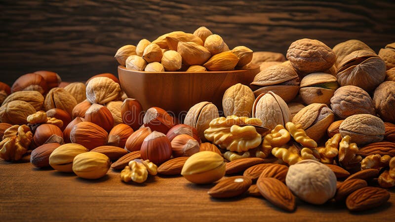 Bowl Nuts with Almonds, Walnuts, Pecans, Peanuts in Wooden Table ...