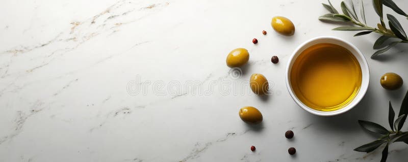 Bowl of Olive Oil with Olives and Olive Leaves Arranged on a Light ...