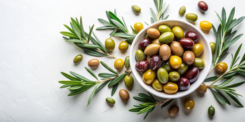 A Bowl of Olives and Olive Branches on White Background - a Still Life ...