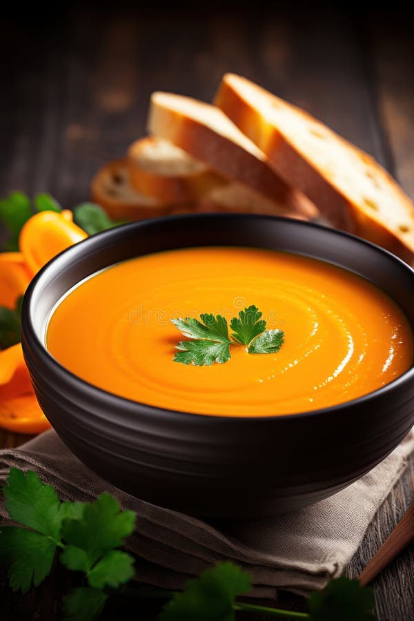 A Bowl of Orange Soup with Parsley Leaves Stock Illustration ...