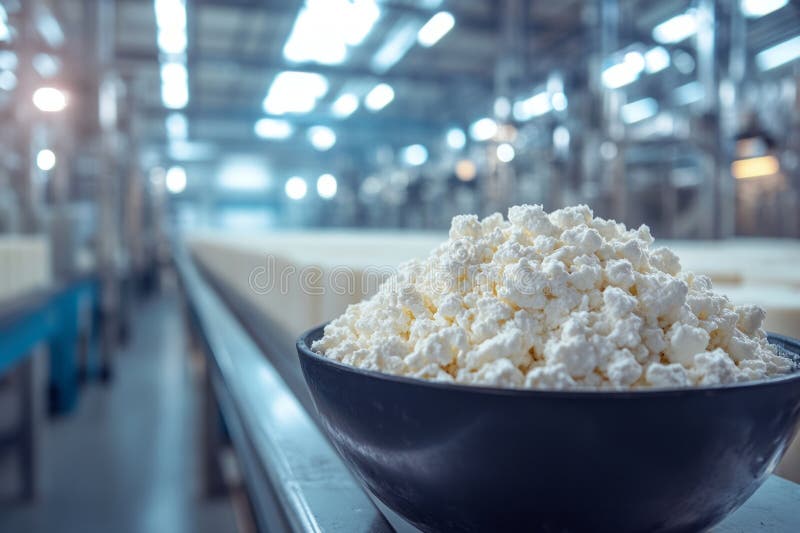 Bowl Overflowing with Cottage Cheese in Industrial Food Processing ...
