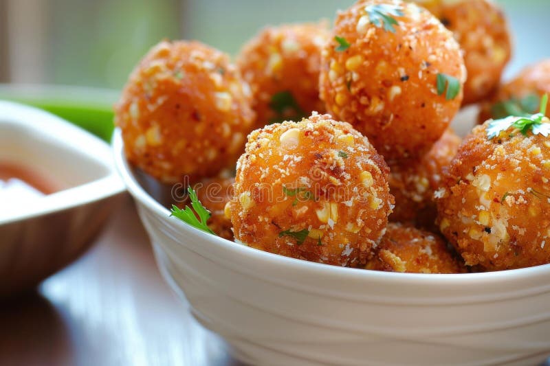 Bowl Overflowing with Crispy Fried Corn Cheese Balls Appetizer Stock ...