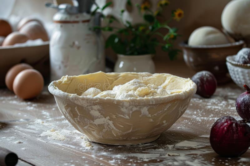 Bowl Overflowing with Dough Resting on Rustic Kitchen Table Stock Image ...