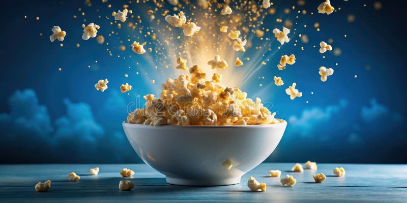 A Bowl Overflowing with Freshly Popped Popcorn Against a Dramatic Blue ...