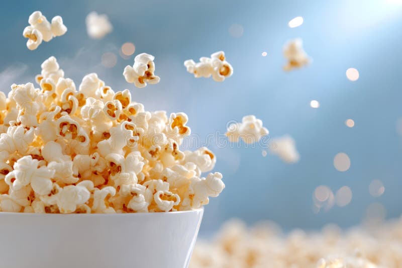 Bowl Overflowing with Freshly Popped Popcorn Exploding on a Blue ...