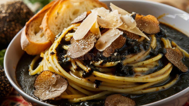 A Bowl of Pasta with Mushrooms and Bread in a White Dish, AI Stock ...