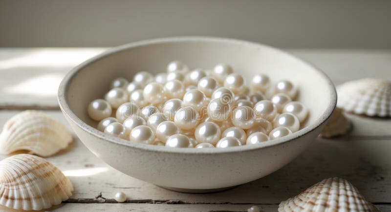 A Bowl of Pearls with Some Shells on the Table Stock Image - Image of ...