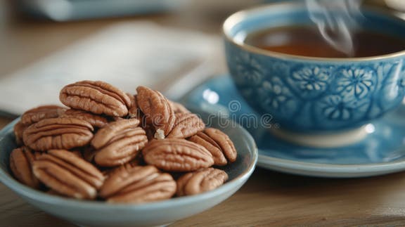 A Bowl of Pecan Nuts and a Steaming Cup of Tea Stock Illustration ...