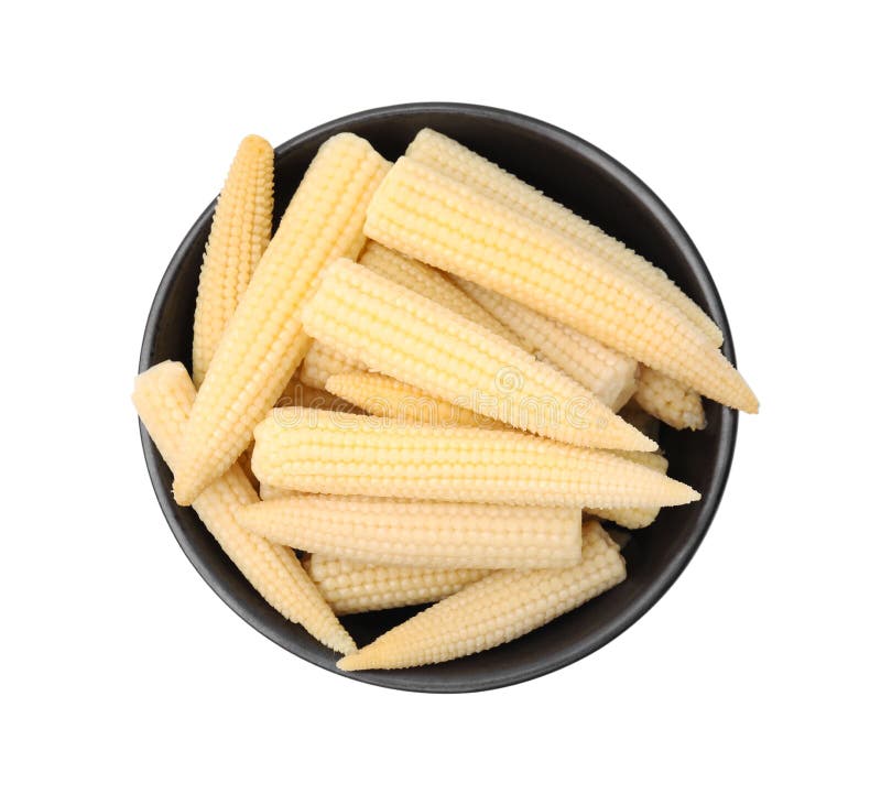 Bowl of Pickled Baby Corn Isolated on White, Top View Stock Photo ...