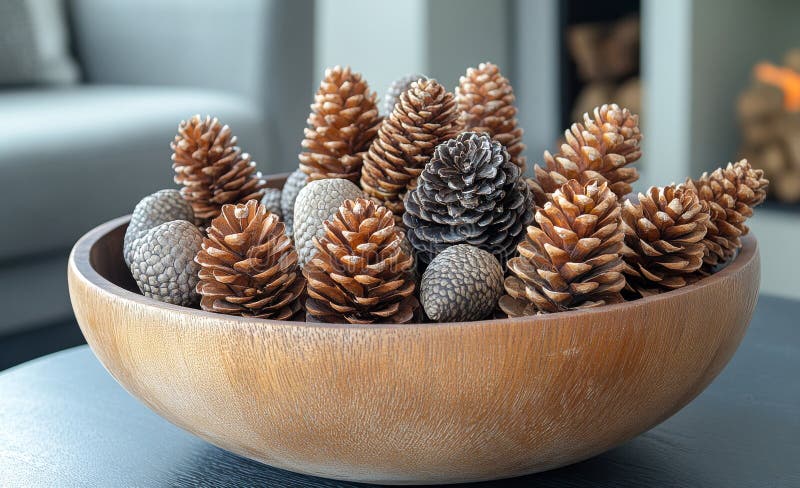 A Bowl of Pine Cones is Sitting on a Table Stock Photo - Image of ...