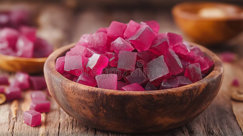 A Bowl of Pink Candy is on a Wooden Table. the Candy is in the Shape of ...