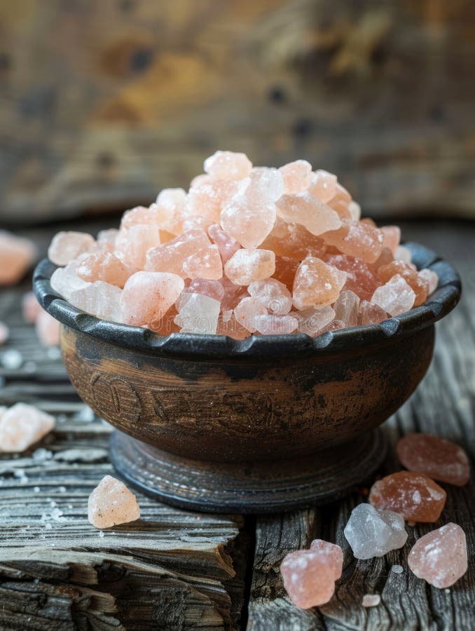 Bowl with Pink Himalayan Salt on Wood Table Stock Illustration ...