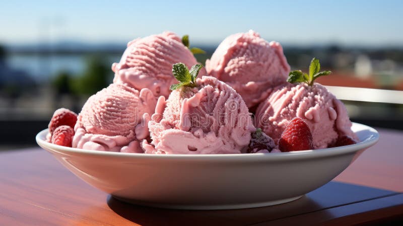 Bowl of Pink Ice Cream. Generative AI. Stock Illustration ...