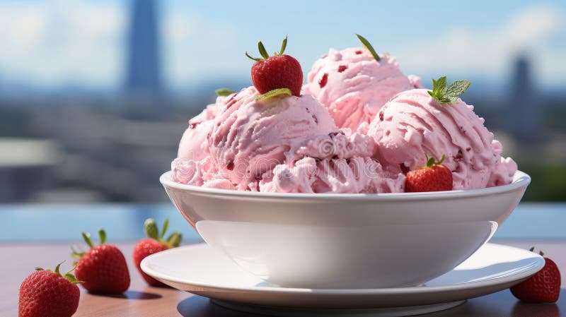 Bowl of Pink Ice Cream. Generative AI. Stock Illustration ...