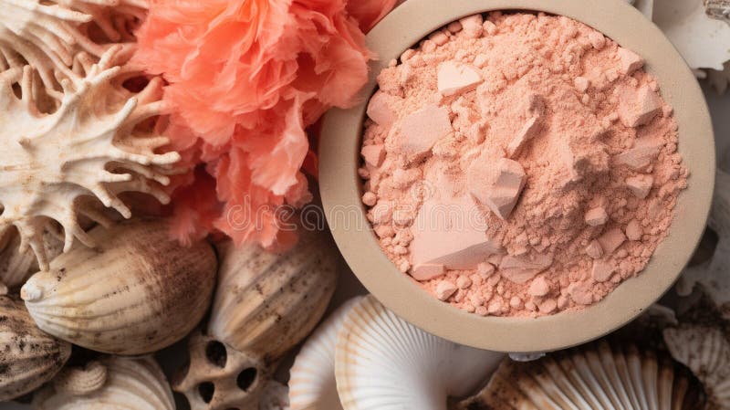 A Bowl of Pink Powder Next To Shells and Corals Stock Illustration ...