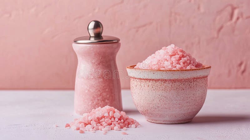 A Bowl of Pink Salt Next To a Salt Shaker on a Table Stock Photo ...
