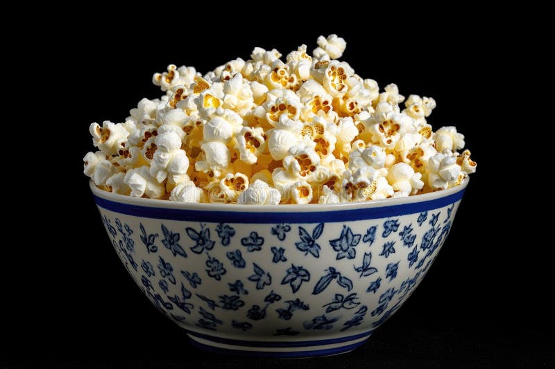 A Bowl of Popcorn in a Blue and White Ceramic Container with Yellow ...