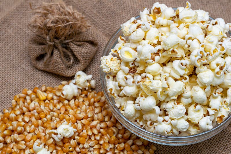 Bowl of Popcorn on Burlap Table in Rustic Style with Corn Seeds, Eco ...