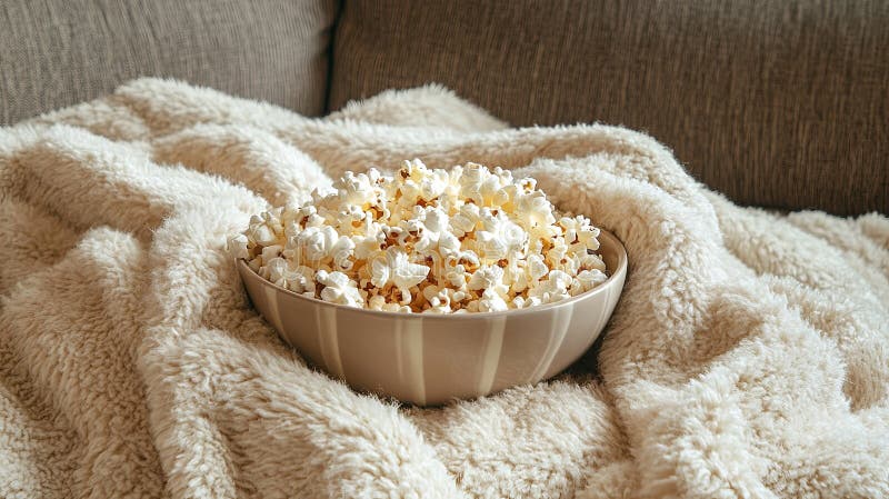 A Bowl of Popcorn on a Cozy Couch with a Soft Throw Blanket Digital ...