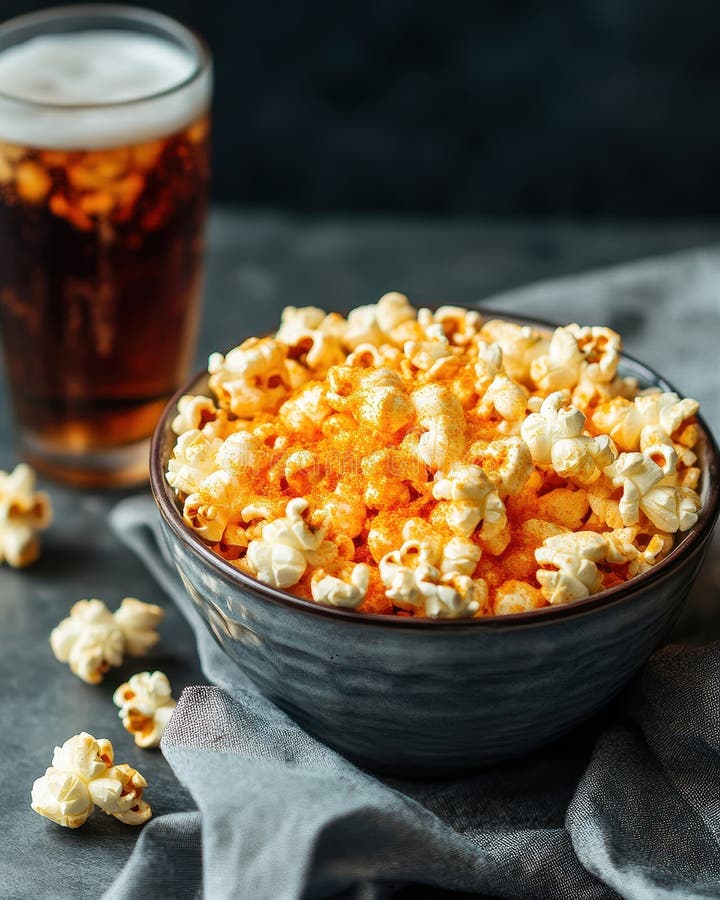 A Bowl of Popcorn Next To a Glass of Soda on a Textured Surface ...